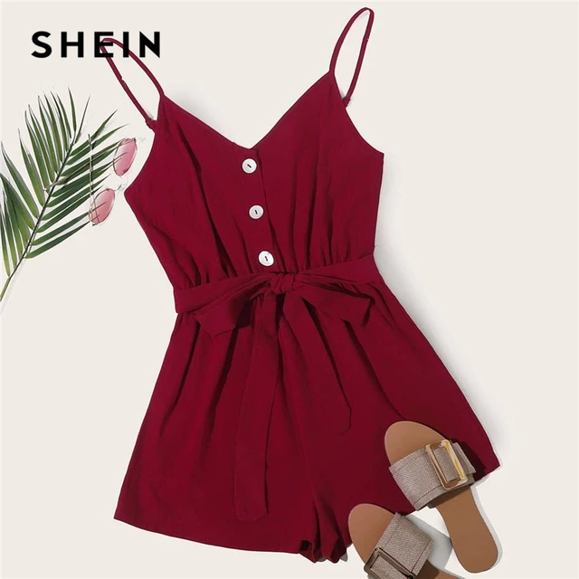 SHEIN Button Front Belted Slip Romper Women Summer Playsuit Sleeveless ...