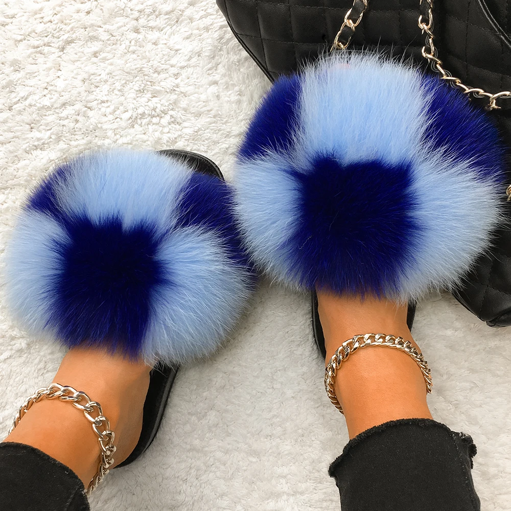 Fluffy Flip Flops Real Fox Fur Slippers Ladies Furry Fur Slides Plush ...