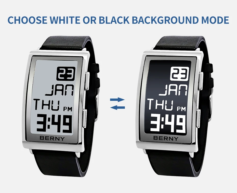BERNY Men's Digital E-ink E-Paper Module 9mm Thin Curved Square Watch ...