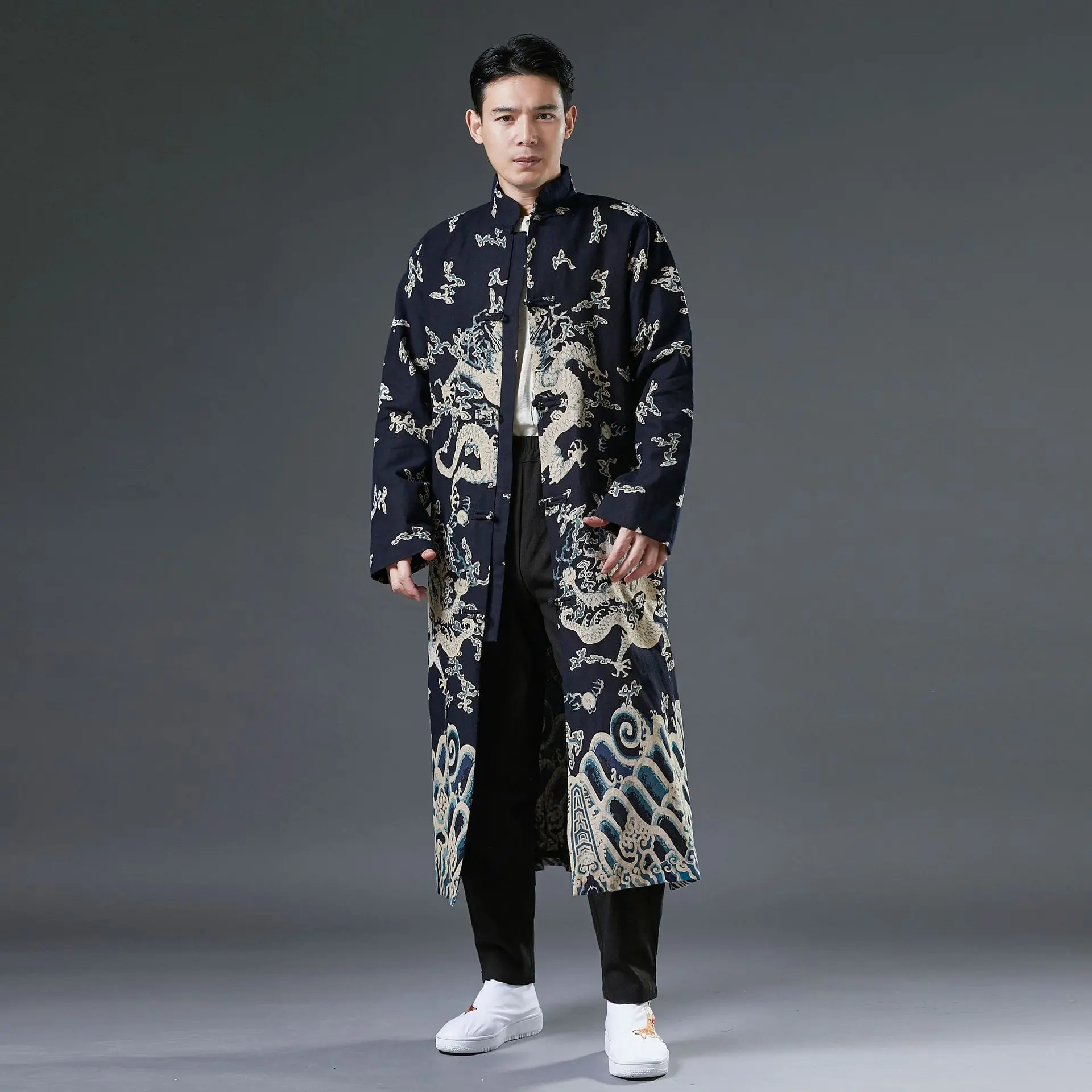 Chinese-Style-Retro-Button-Robe-Gown-Men-Print-Dragon-Cotton-Linen-Tang ...