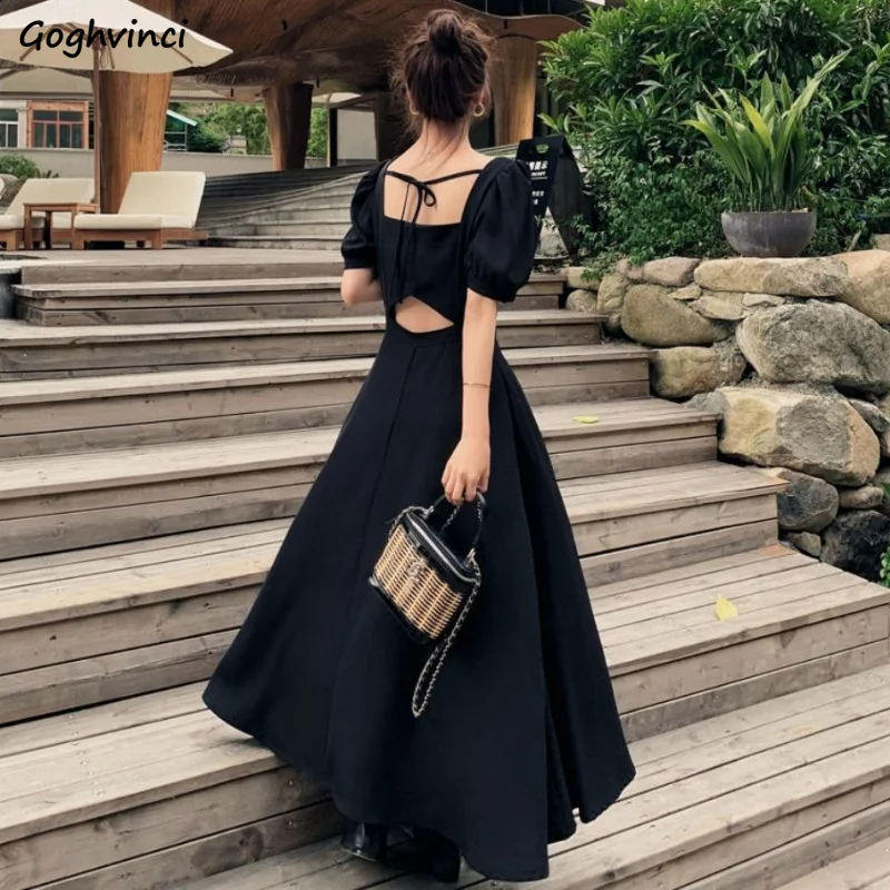 여성용 시크한 빈티지 블랙 드레스 하이 웨이스트 스퀘어 칼라 퍼프 슬리브 보우 A 라인 고급 레트로 우아한 프랑스 여성