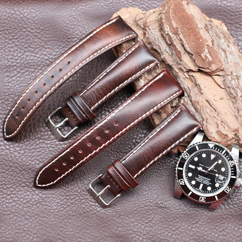 Retro Cowhide Watch Strap 20mm 22mm Red Brown Dark Coffee Half Arch ...