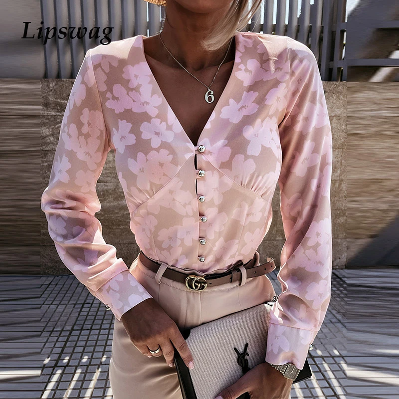 Spring Summer Vintage Women Floral Print Shirts Blouse Elegant Long ...