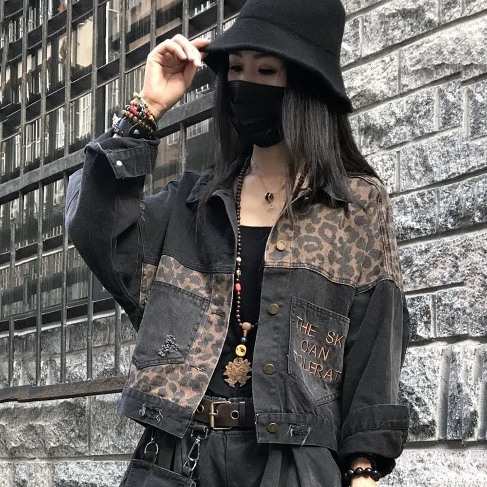 Chaqueta vaquera Vintage para mujer, abrigo de leopardo negro, estilo ...