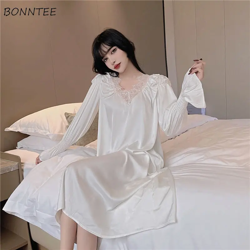 Nightgowns Women Pure Full Flare Sleeve Lace Elegant Fashion Sexy ...