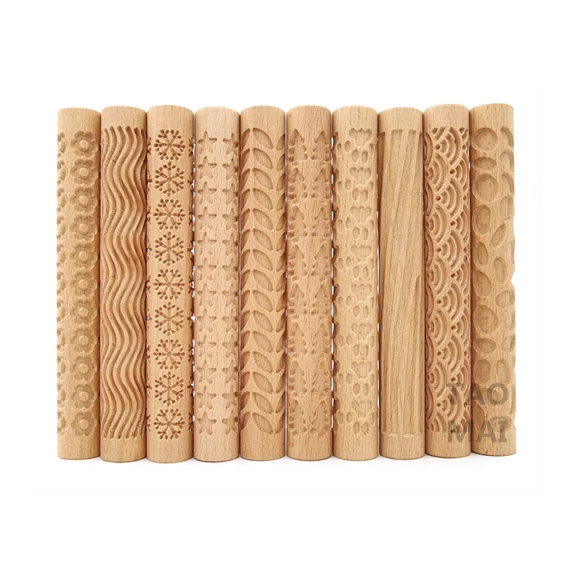 1pcs Pottery Clay Handmade Wooden Texture Clay Rolling Flower Stick ...