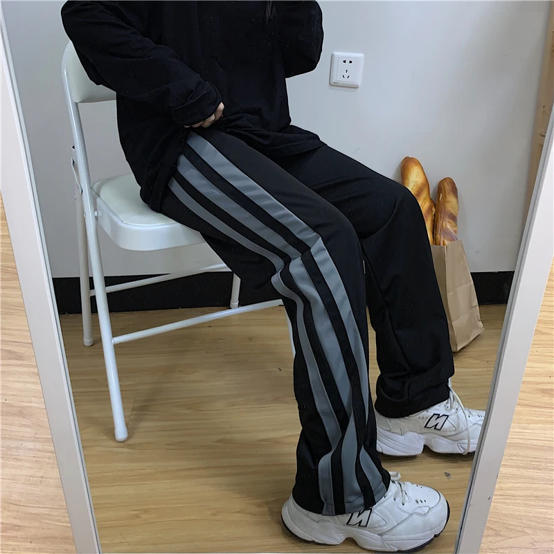 하라주쿠 여성 조깅 스웨트 팬츠 캐주얼 와이드 레그 팬츠 여성 스트라이프 힙합 스웨트 팬츠 스트리트웨어 여성 여름 바지 빈티지