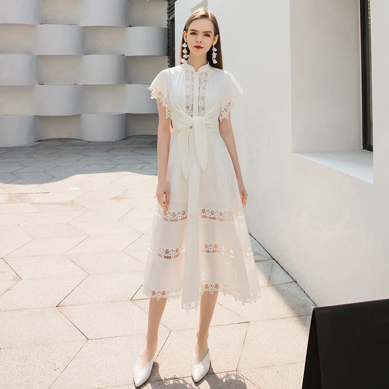 Yigelila Summer Women Sexy Hollow Out White Dress Elegant Stand Neck