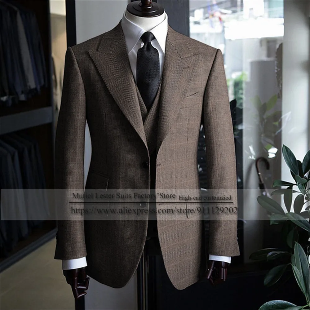 Groomsmen Slim Fit Plaid Grey Men Suits For Wedding Plus Size 3 Piece ...