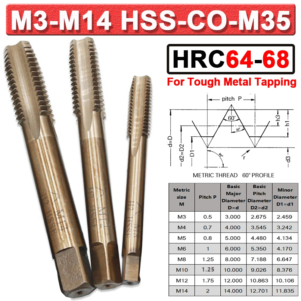 HRC64 HRC64 HSS Co M35 미터 직렬 탭 세트 M3 M4 M5 M6 M8 M10 M12 스테인레스 스틸 용 오른손 ...