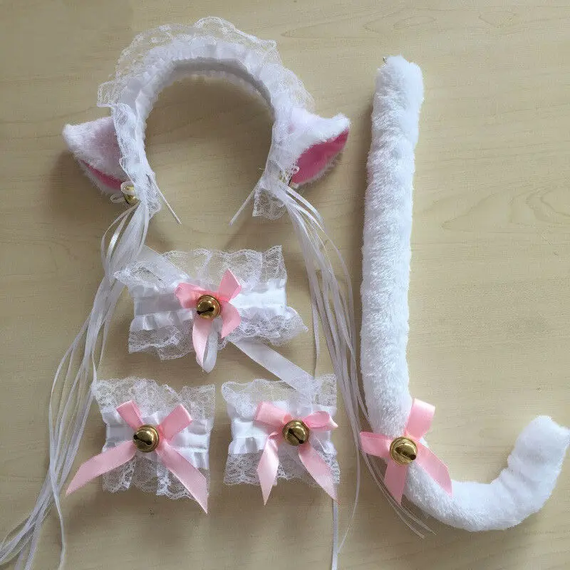 새로운 여성 고양이 메이드 코스프레 네코 의상 플러시 레이스 헤어 귀 머리띠 꼬리 할로윈 카와이 헤어 밴드 액세서리 세트 5