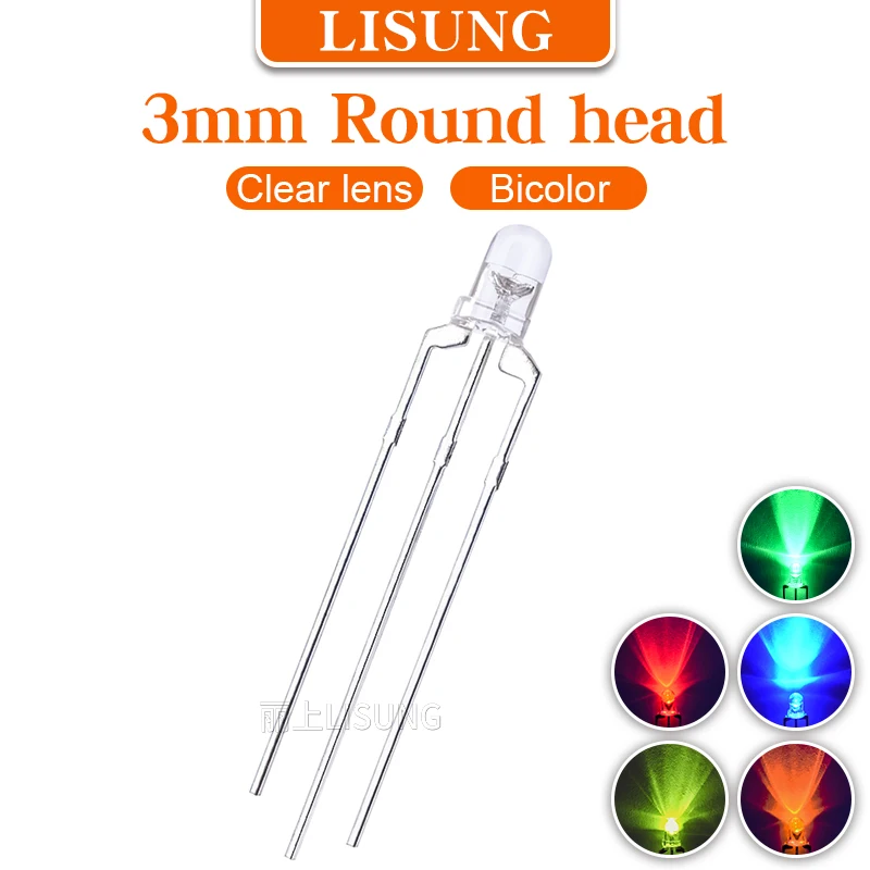 1000pcs-Bag-3mm-Led-Round-Transparent-Lens-Two-color-Universal-Anode ...