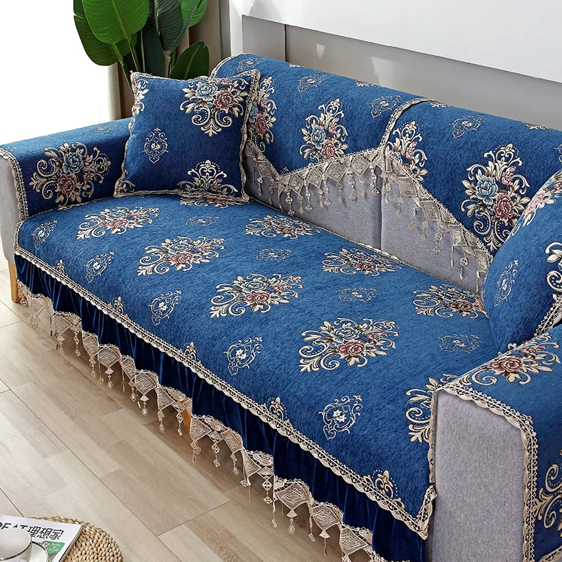 Decorative Sectional Sofa Cover Chenille Jacquard Lace Skirt Couch Cape ...