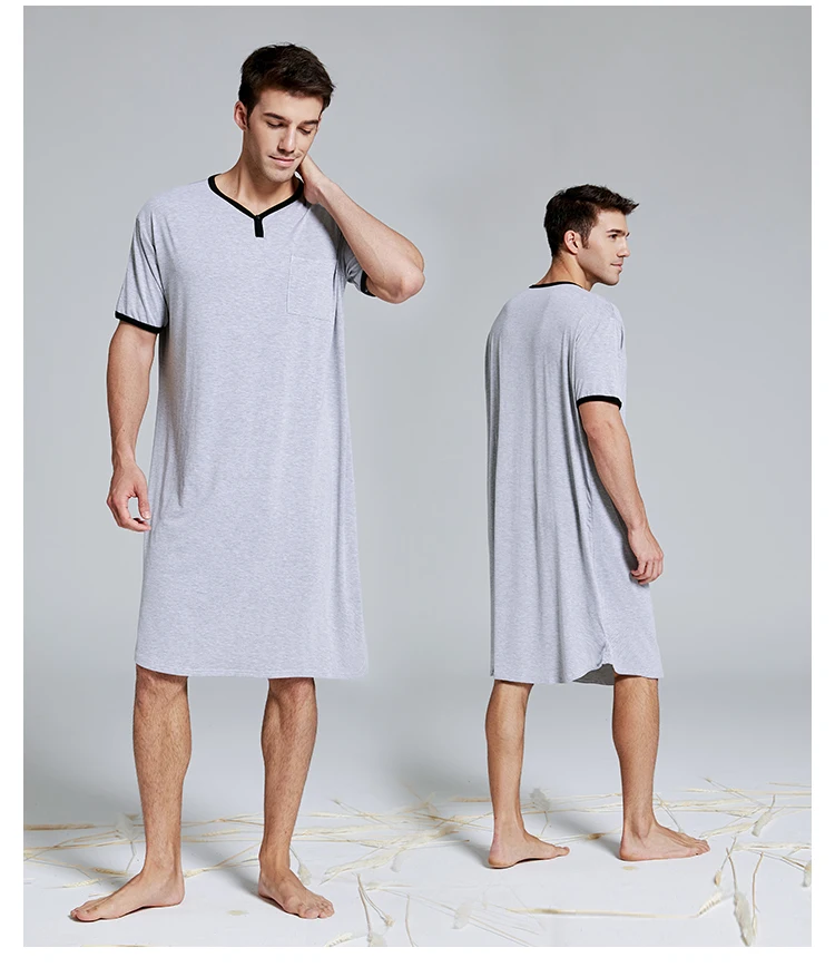 Men Short Sleeve Cotton Robes Vintage Pajamas O Neck Pockets Solid ...