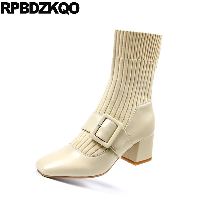 Botas de LICRA de tacón alto para mujer, botines de punta cuadrada de ...