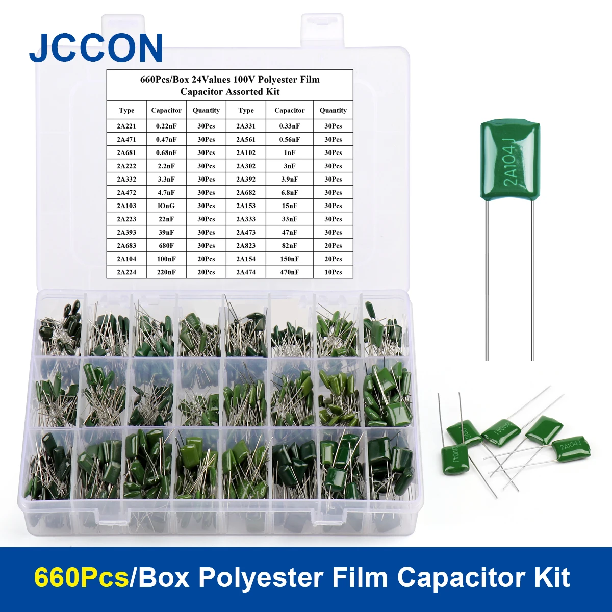 660Pcs-Box-Polyester-Film-Capacitor-Assorted-Kit-100V-24Values-0-22nF ...