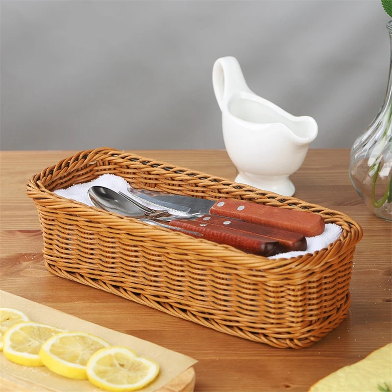 2PCS Square Rattan Bread Basket Food Fork Spoon Knife Storage Basket ...