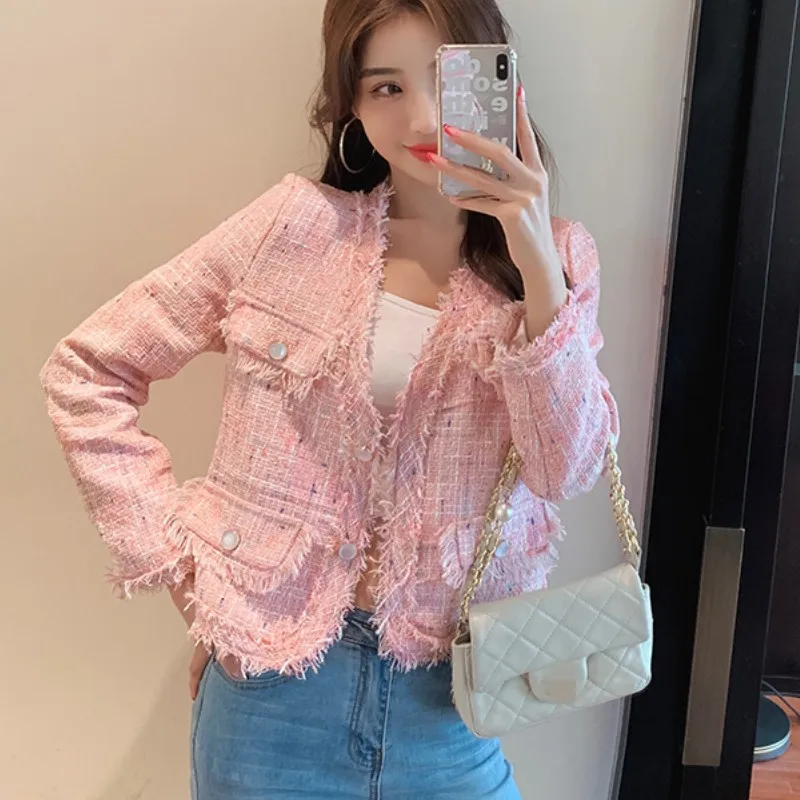 2021 Korean Vintage Pink Tweed Jacket Coat Women Autumn V Neck Tassel ...