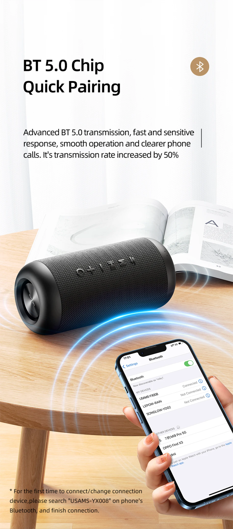 USAMS Waterproof Wireless Speaker BT 5.0 YX008 Portable