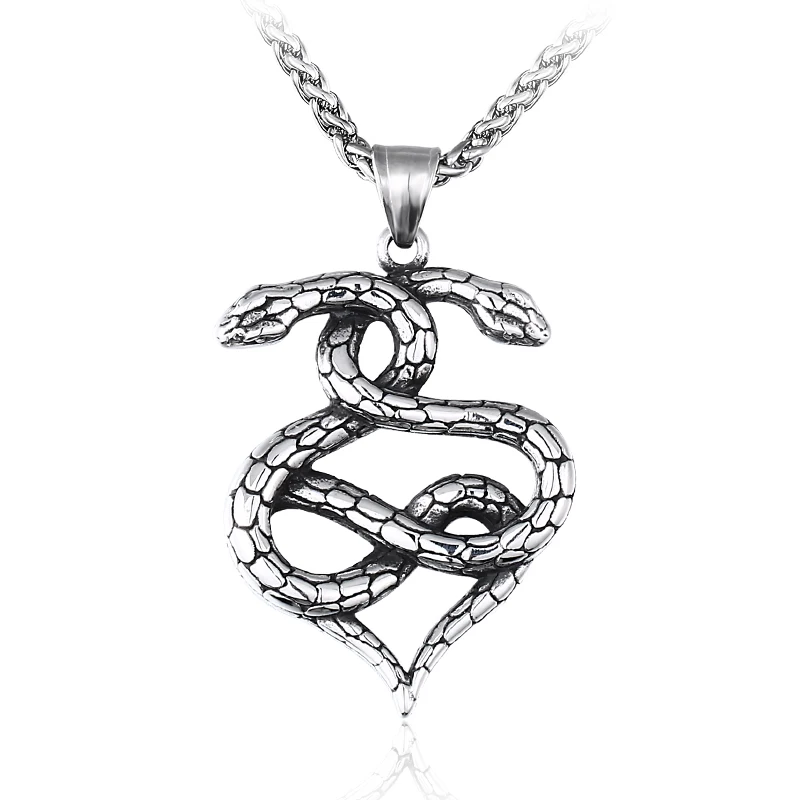 DOUBLE Snake Pendant Necklace for men stainless steel amulet necklace ...