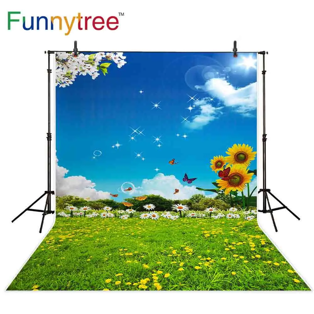 Funnytree Photography Backdrop Spring Cartoon Grass Sunflower Sky ...
