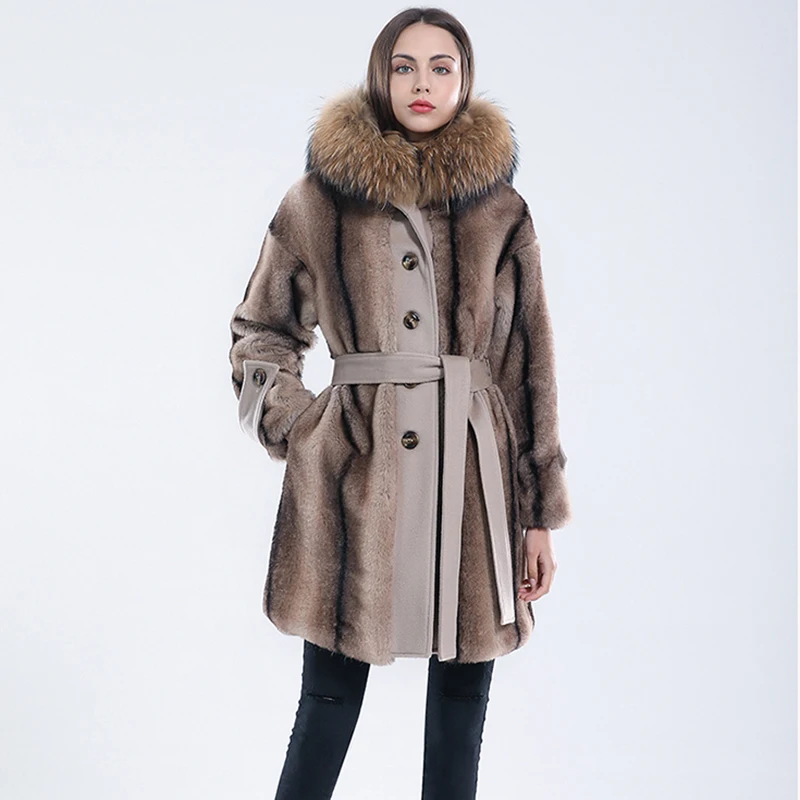 OFTBUY 2022 Long Winter Jacket Women Real Fur Coat Natural Raccoon Fur Collar Hooded Belts Thick ...