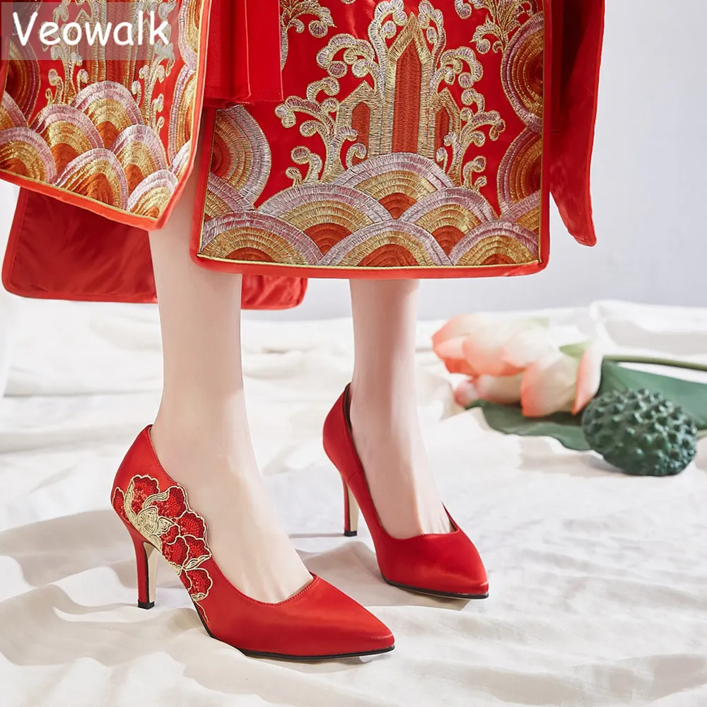 Veowalk High End Silk Embroidered Women 7cm High Heel Red Wedding Shoes ...