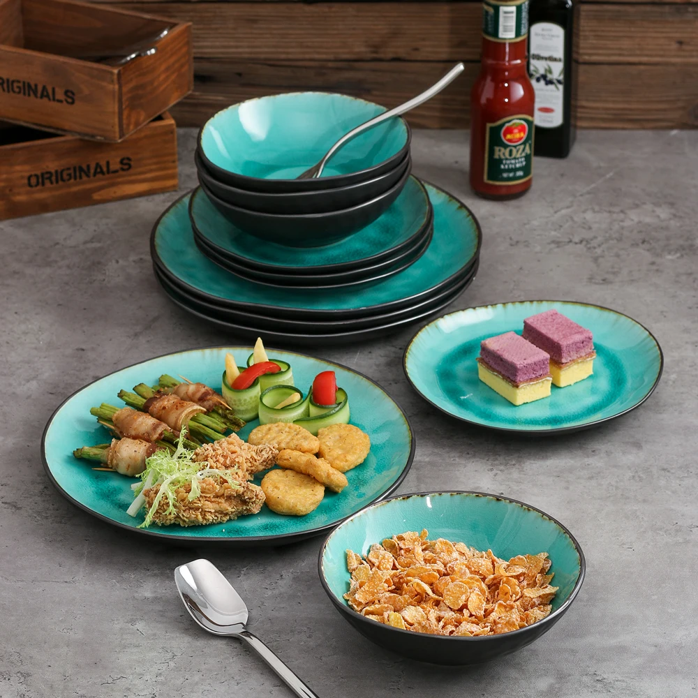 Vancasso Aqua 12-piece Pottery Stoneware Vintage Look Ceramic Green ...