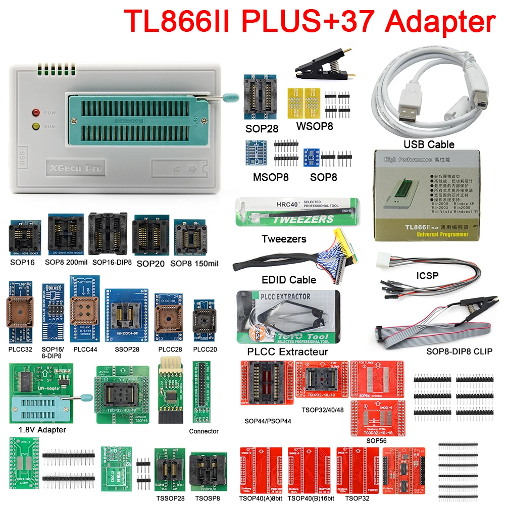 T48 tl866ii plus minipro programador v11.9 universal tl866 nand flash avr pic bios + 37 pcs ...