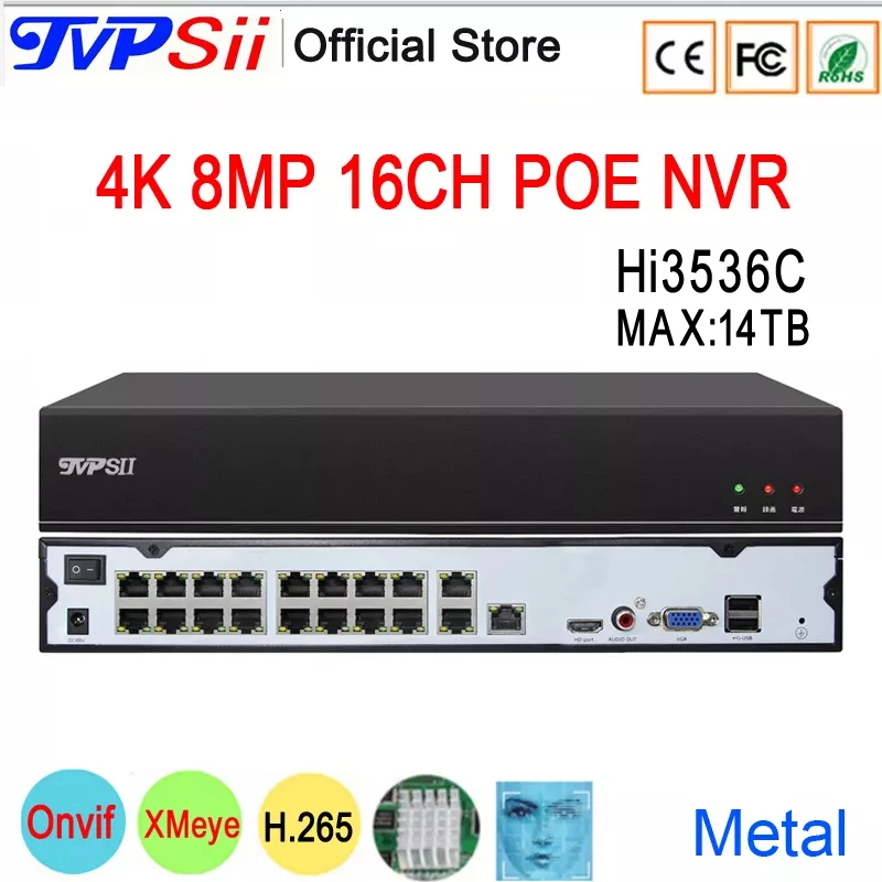 Face Detection Metal Hi3536C Max.14TB Xmeye 4K 8MP 16 Channel 16CH H ...