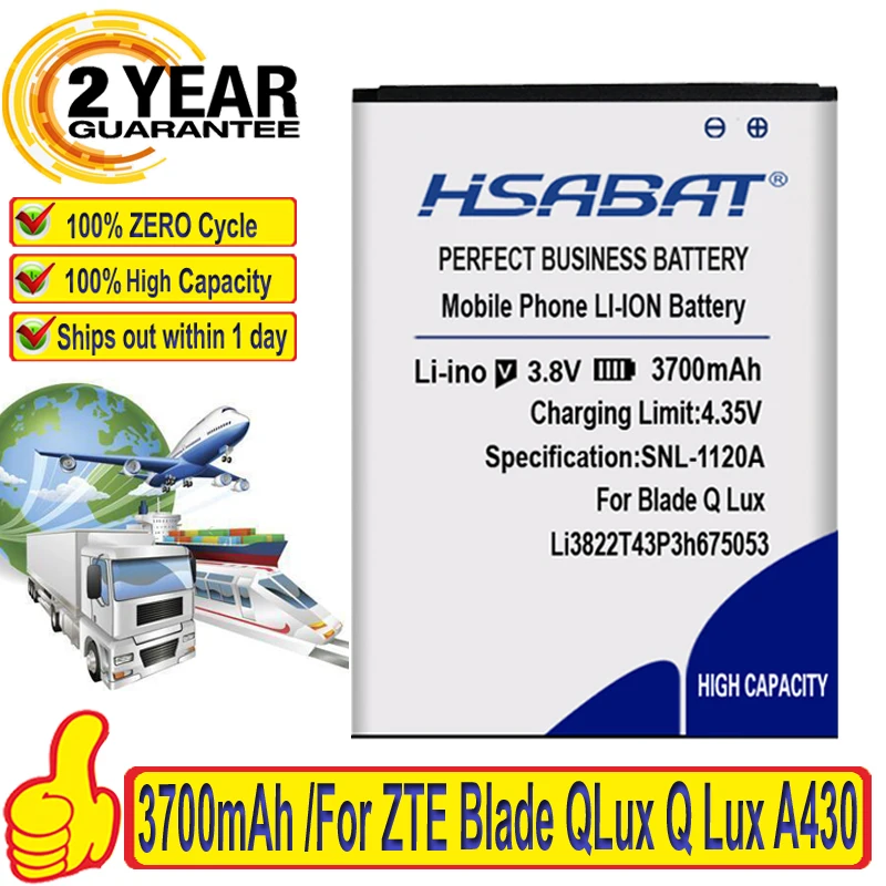 HSABAT LI3822T43P3h675053 3700mAh Battery for ZTE Blade QLux Q Lux A430 ...