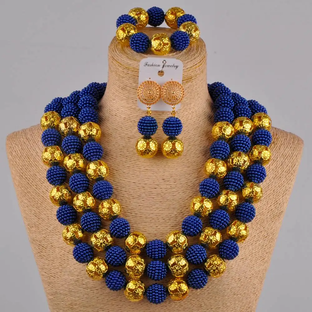 Royal Blue African Beads Jewelry Set 24 Inches Simulated Pearl Nigerian ...