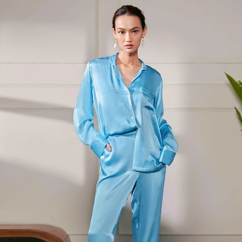 Restve Blue Pajamas For Women 2 Piece Set Satin Turn Down Collar Long ...
