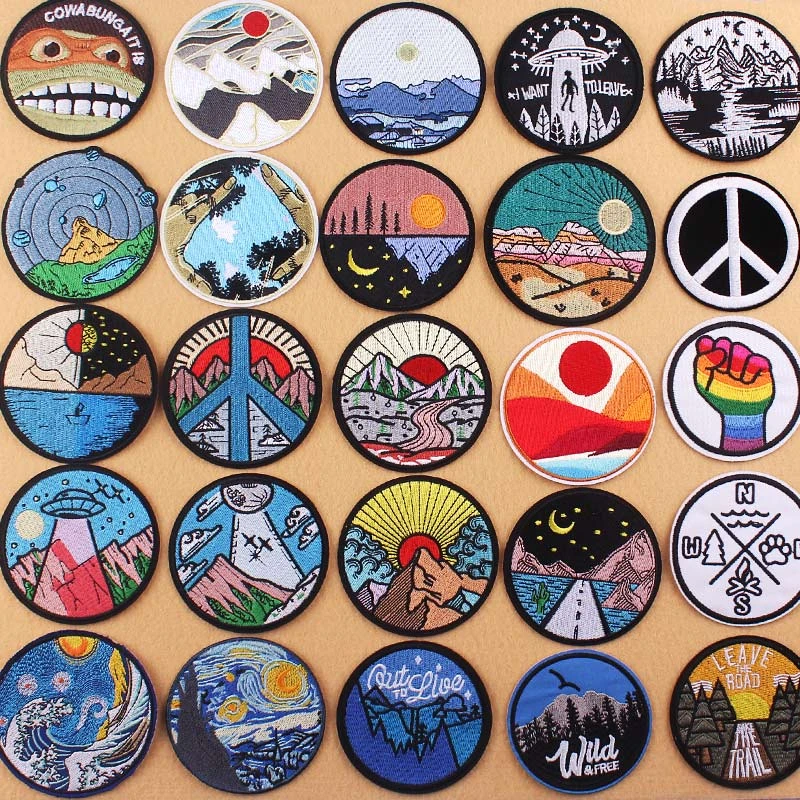 Scenery Patch Sun Mountain Iron On Patches For Clothes Round Patch ...