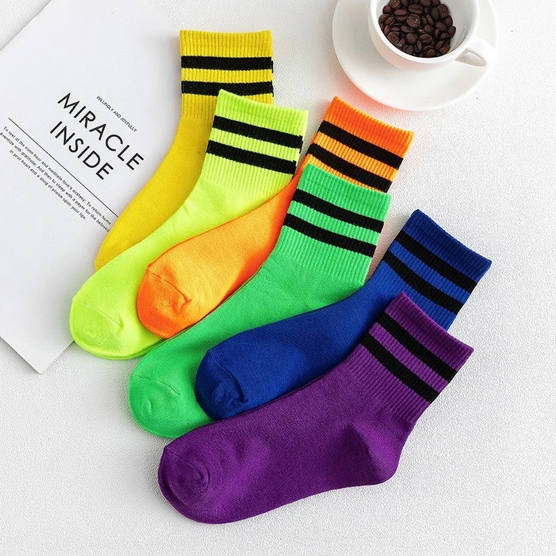 Cool Skate Neon Color Stripes Cotton Crew Socks Retro Old School Hiphop ...