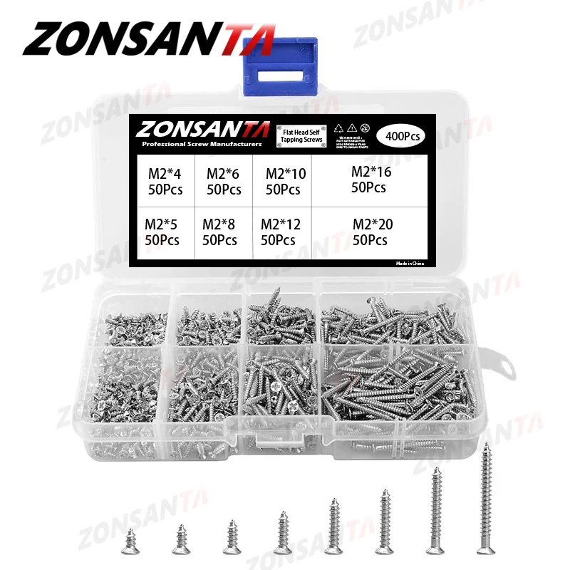 ZONSANTA 400Pcs M2 Cross Flat Head Self Tapping Screw Assortment Kit ...