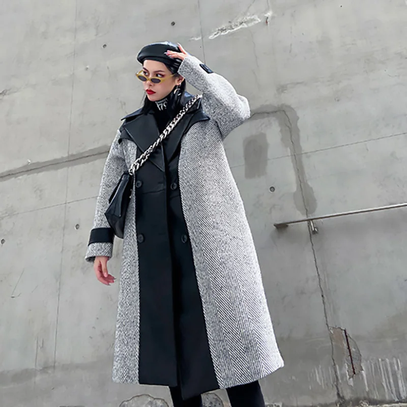 [EAM] свободное серое шерстяное пальто из искусственной кожи с разрезом ...