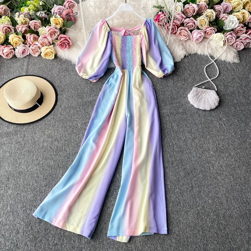Summer New 2021 Women's Jumpsuits Rainbow Gradient Color Square Collar ...