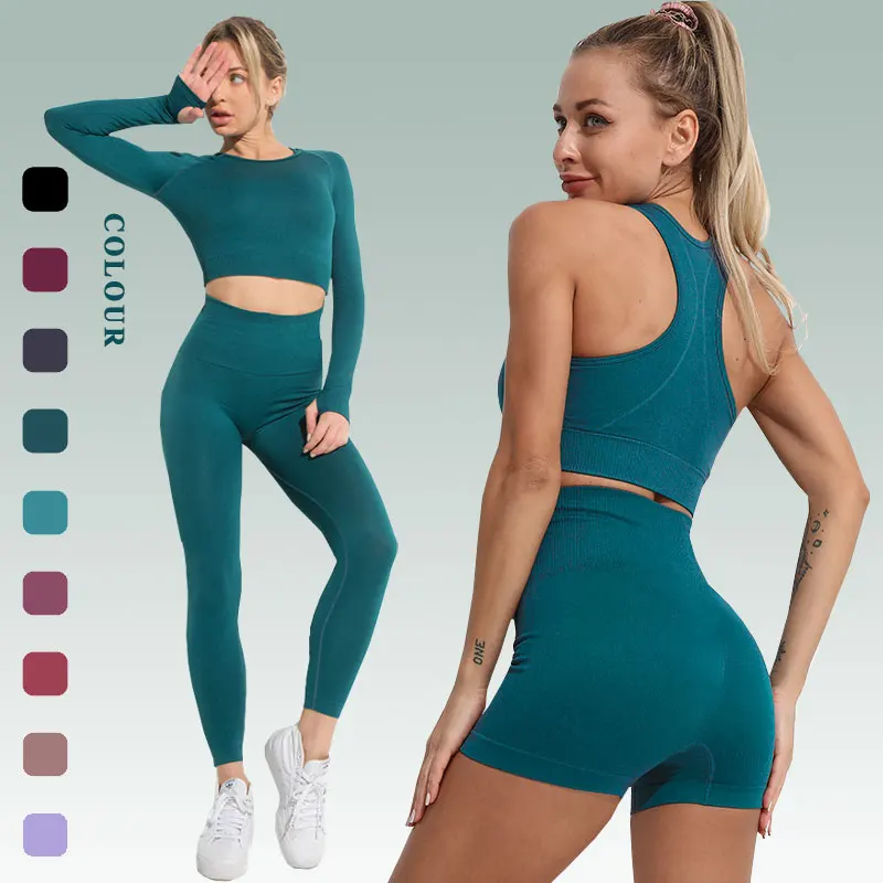 Traje deportivo sin costuras para mujer, conjunto de Yoga liso, ropa de ...