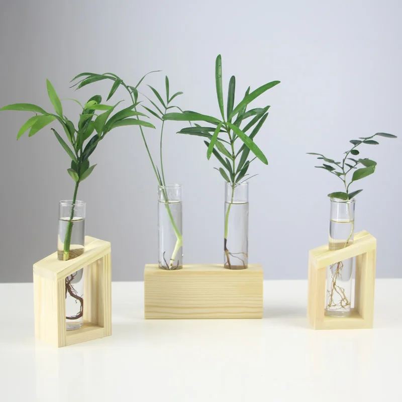 Home Vase Crystal Glass Test Tube Vase In Wooden Stand Flower Pots For ...