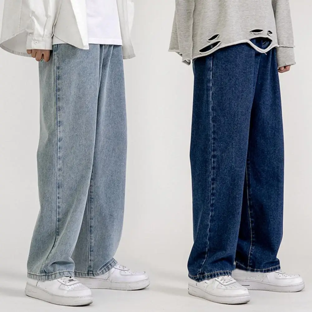 Straight-Mid-Rise-Men-Jeans-Wide-Leg-Solid-Color-Hip-Hop-Denim-Pants ...