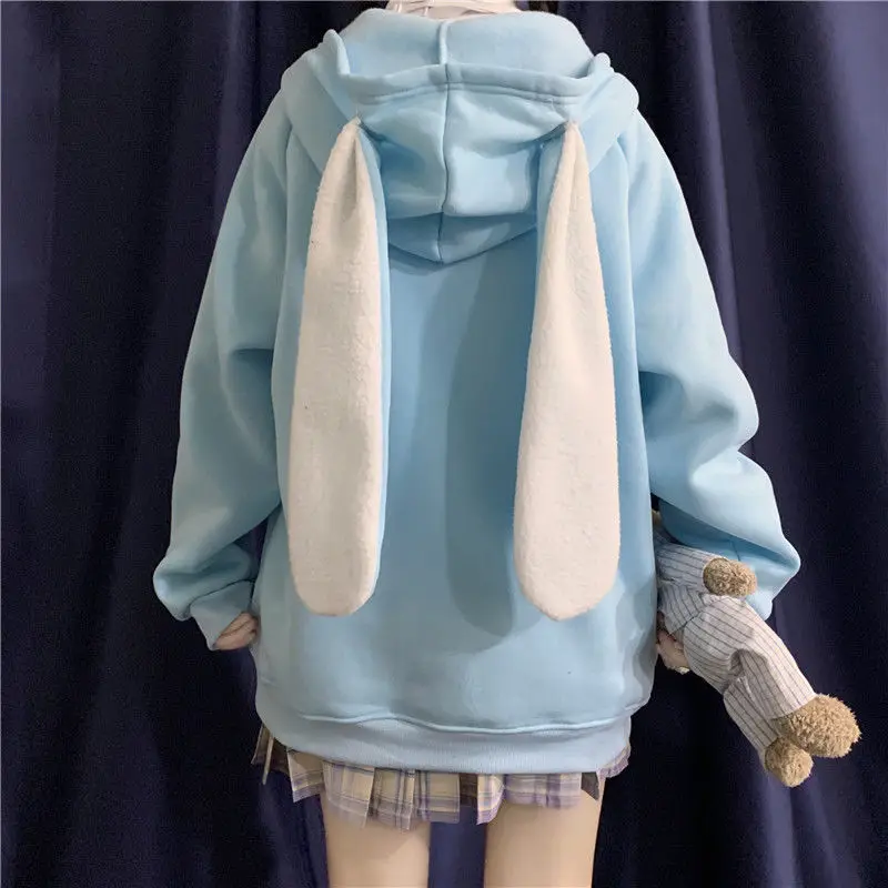 Houzhou Kawaii Bunny Hoodies Women Autumn Winter Warm Rabbit Ears Zip ...