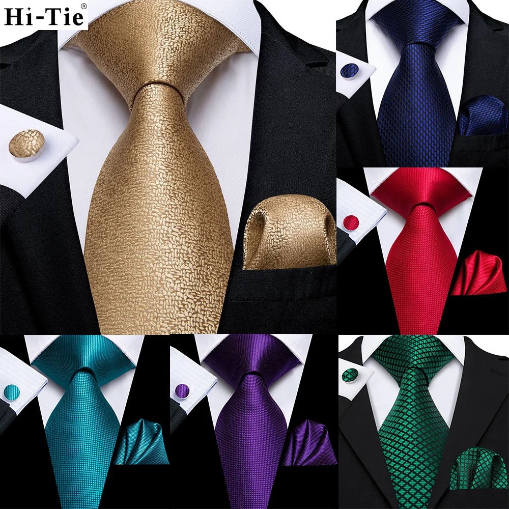 Hi-Tie Luxury Gold Blue Solid Silk Wedding Tie For Men Hanky Cufflink ...