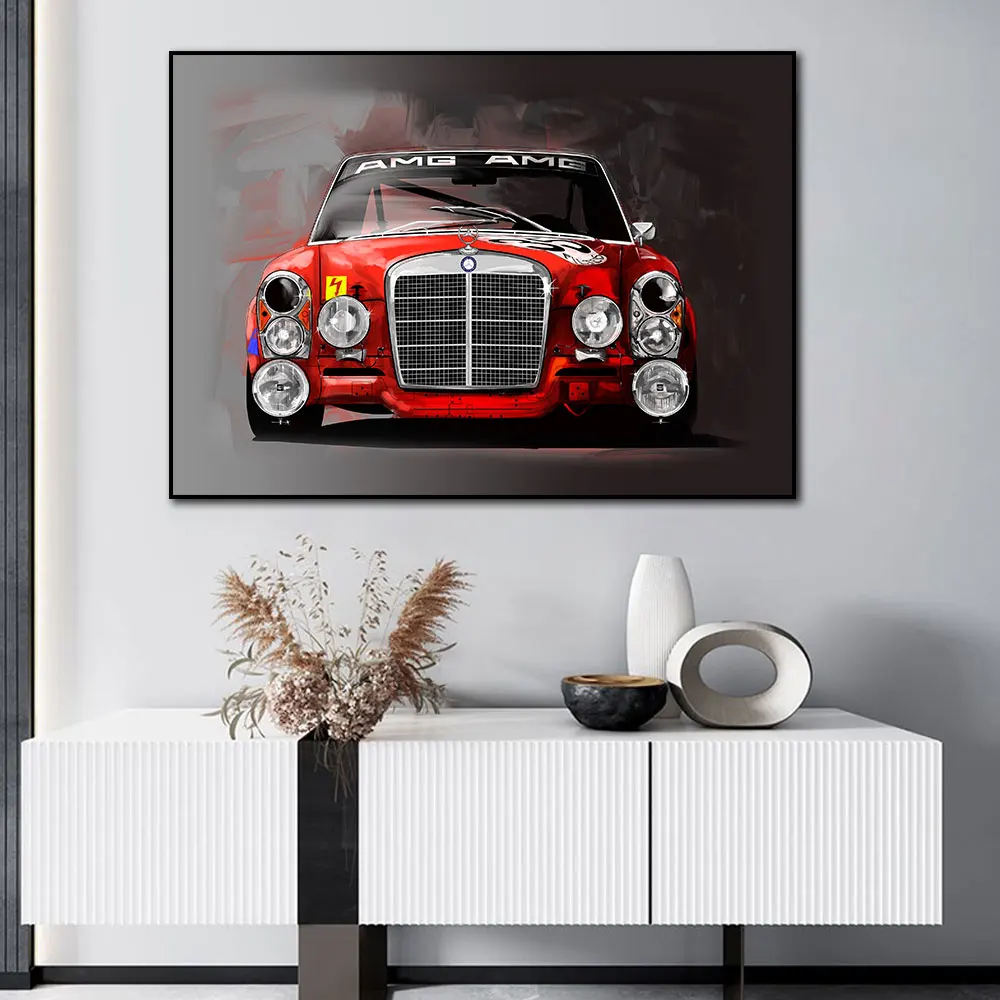 Vintage Classic Racing Car Poster Print Canvas Painting Red Amg Cars ...