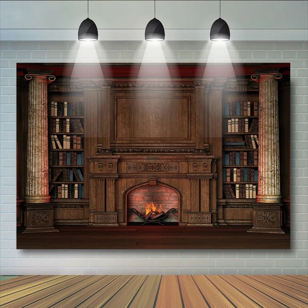 Bookcase-Fireplace-Christmas-Backdrops-Wood-wall-Floor-Photo ...