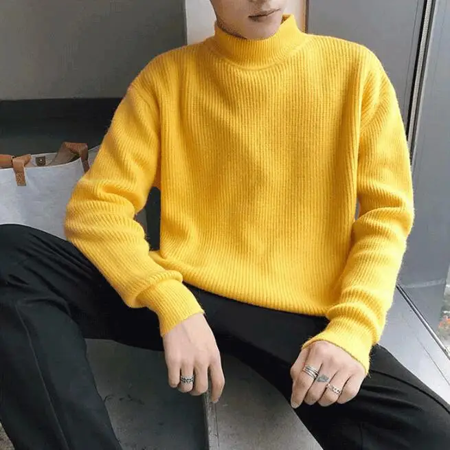 Men Yellow Sweater Turtleneck Knitting Winter Losse Young - Pullovers ...