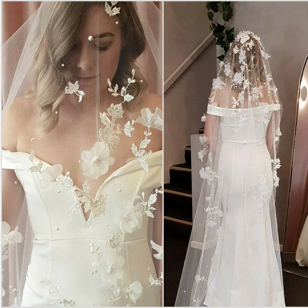 Appliques Wedding Veil 3d Flowers Pearls Bridal Veils Chapel Length ...