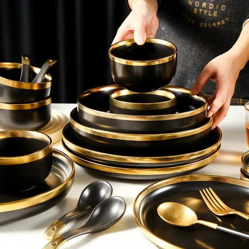 1Set-Matte-Gold-Inlay-Black-Porcelain-Dinner-Sets-Kitchen-Plate-Set ...