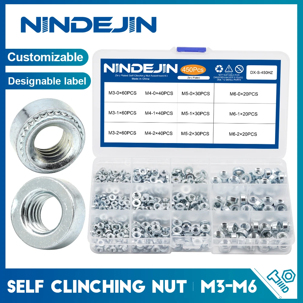 NINDEJIN 450pcs self clinching nut S zinc plated galvanized steel M3 M4 ...