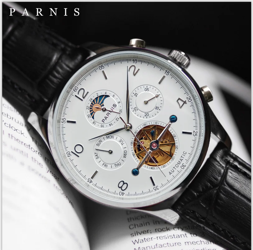 Parnis 43mm White Dial Automatic Men's Watches Moon Phase Calendar Men ...